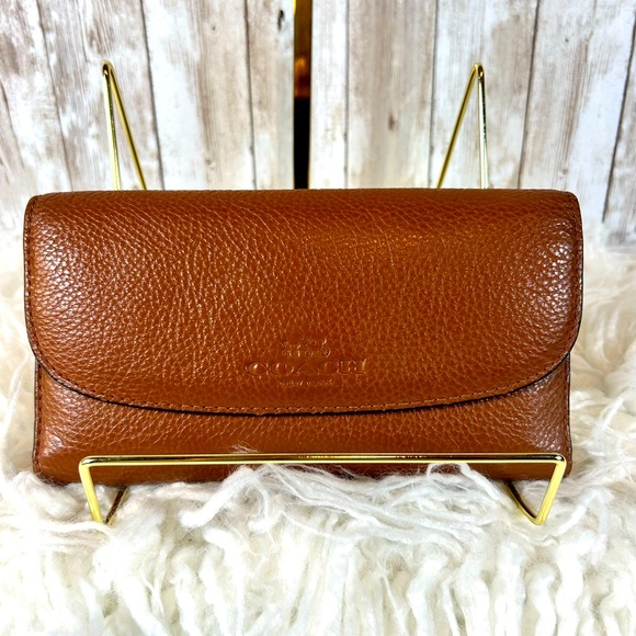 Coach | Bags | Coach Brown Pebbled Leather Trifold Large Envelope ...